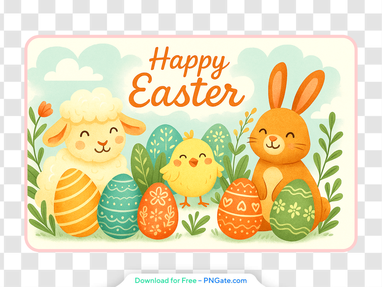 Happy Easter Card Illustration With Bunny, Lamb And Chick Free PNG - PNGate